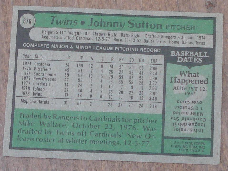 Johnny Sutton, Twins, 1979 #676 Topps VG COND - GREAT COLLECTIBLE CARD ...