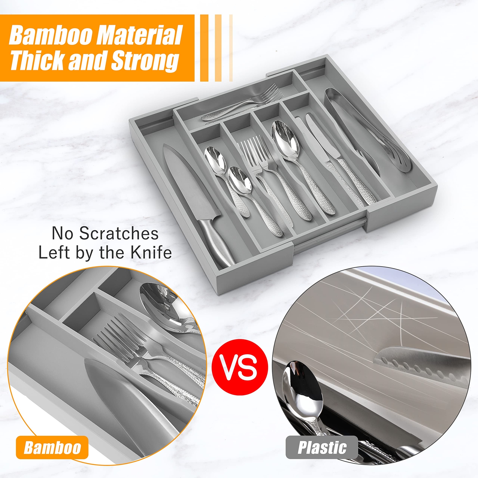 Grey Silverware Organizer Kitchen Drawer Organizer Expandable Bamboo ...