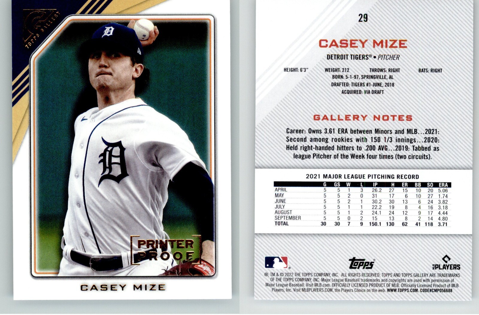 Casey Mize 2022 Topps Gallery Printer Proof #29 Detroit Tigers | eBay