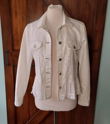 BACCINI White Denim Jacket Womens Med Lace Cottagecore Boho Festival | eBay