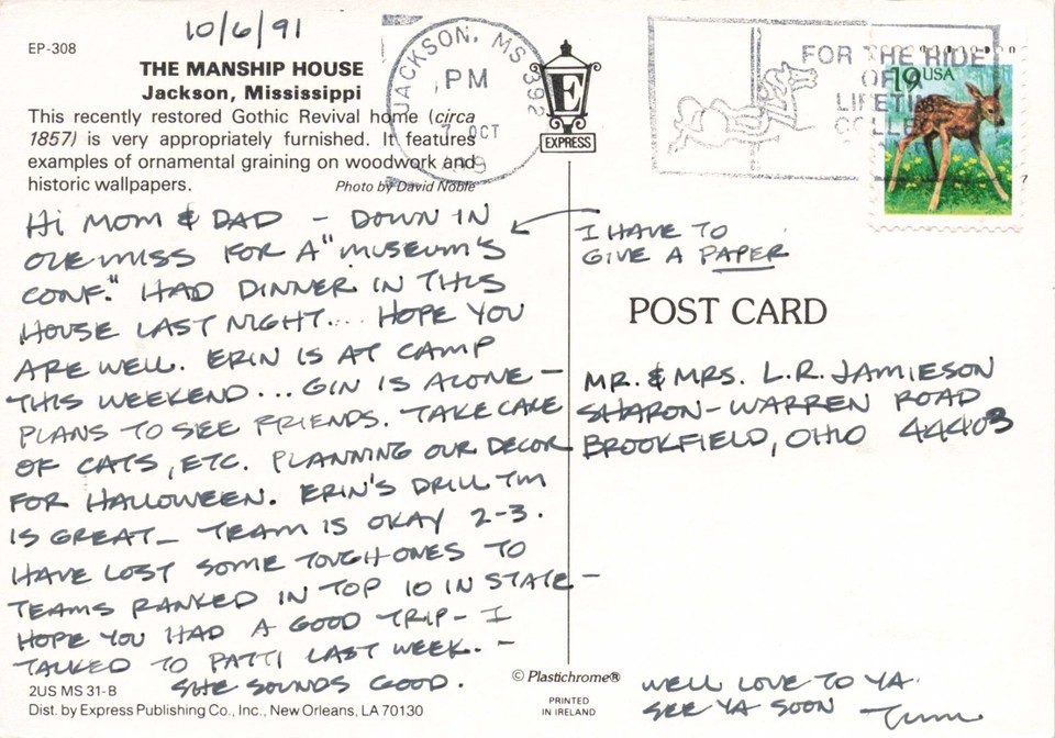 Postcard MS Jackson Manship House Museum Gothic Revival Lace Ornamental ...