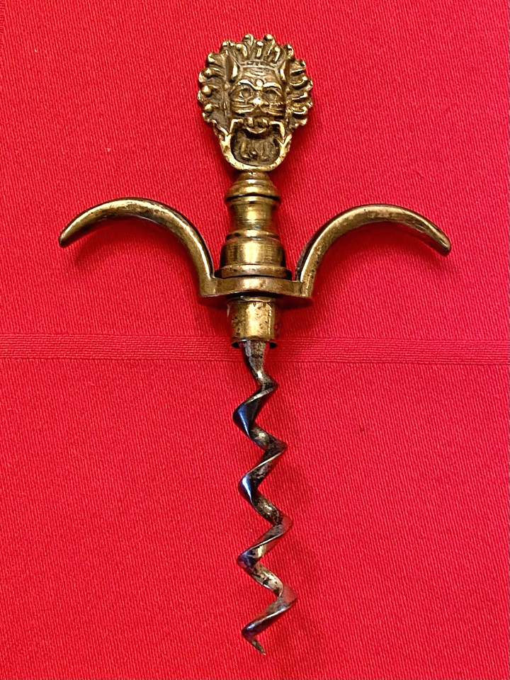1920's Brass SWIVEL LION HEAD HANDLE & CORKSCREW 2 Finger Pull & Cut ...