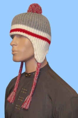 New MENS WORK SOCK HAT-EARFLAP BEANIE w/POM-TOQUE RIB KNIT GREY/RED 100 ...