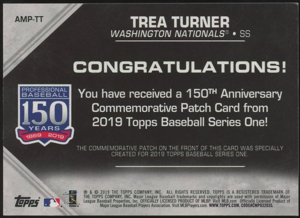 2019 Topps Series 1 Trea Turner Commemorative Patch Nationals Phillies ...