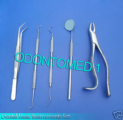 5 Dental Basic Instruments Set Mirror, Plier, Explorer, Extracting ...