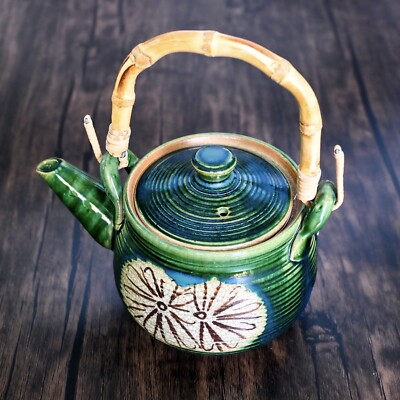 Japanese Dobin Teapot Oribe Green Glaze Chrysanthemum 500ml Rokubei ...