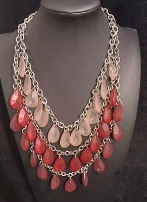 Shades Of Pink & Plum 3 Tier Primark Cluster Bib Necklace - Silver Tone ...