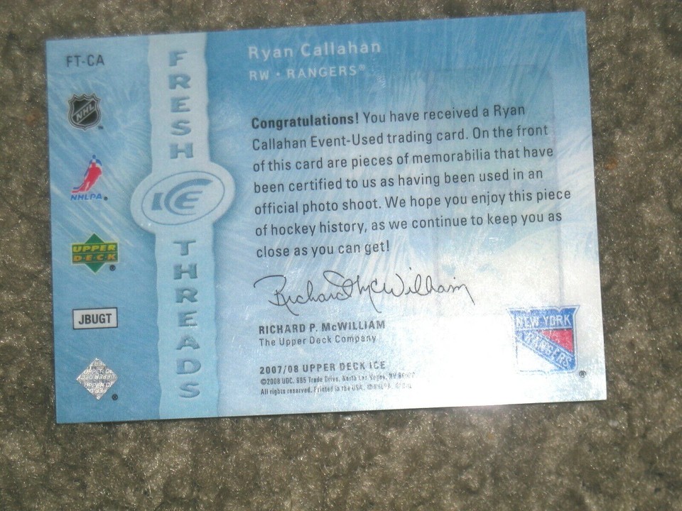 Ryan Callahan New York Ranger Autographed UD ICE Jersey Card 2007-08 ...