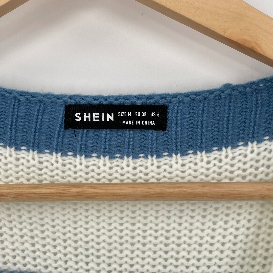 Shein, Women's size M, Soft Knit, Blue & White Striped V-Neck Pullover ...
