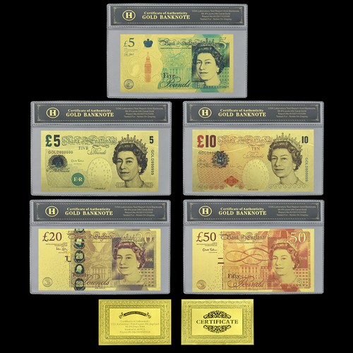 5pcs in Shell Queen Elizabeth II 5,5,10,20,50 Pounds UK Gold Plastic ...