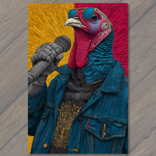 Art Print Turkey Rockstar Singing Microphone Denim Jacket Retro ...