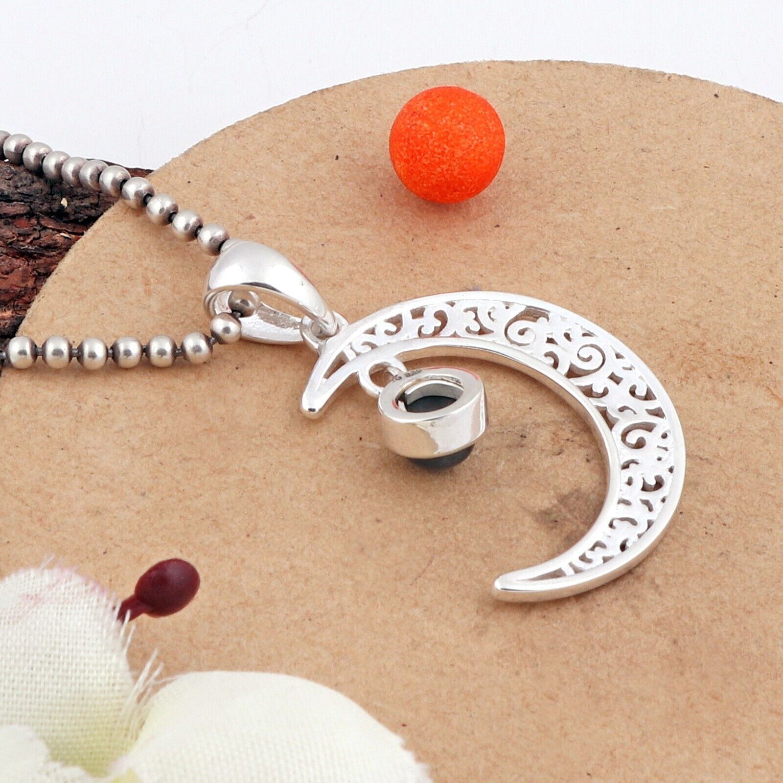Sculpted Moonlight: 925 Sterling Silver Filigree Half Moon Pendant ...