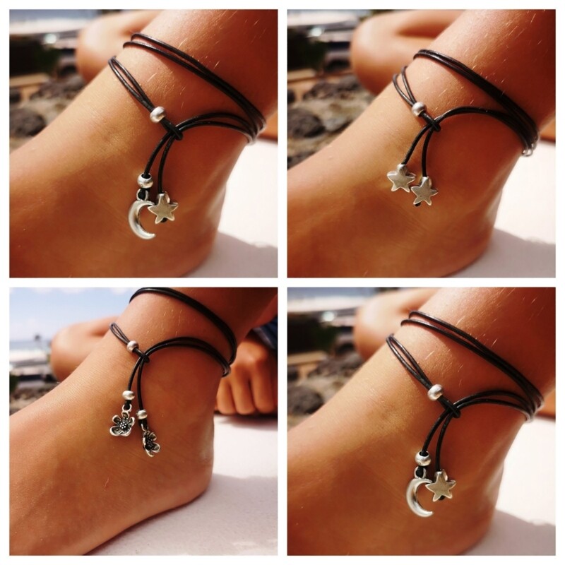 Simple Alloy Beads Leather Rope Anklet Women Beach Flowers Rope Anklet ...
