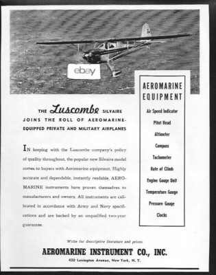 LUSCOMBE AIRPLANE CORP W.TRENTON,N.J SILVAIRE AEROMARINE EQUIPMENT 1940 ...