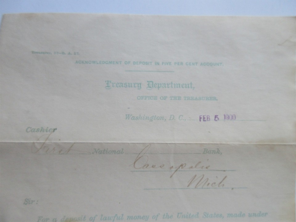 1900 US Treasury Department deposit receipt Feb 5 1900 | eBay