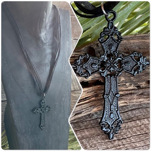 Large Ornate Black Cross Necklace Rockabilly Gothic Punk Emo Pendant ...
