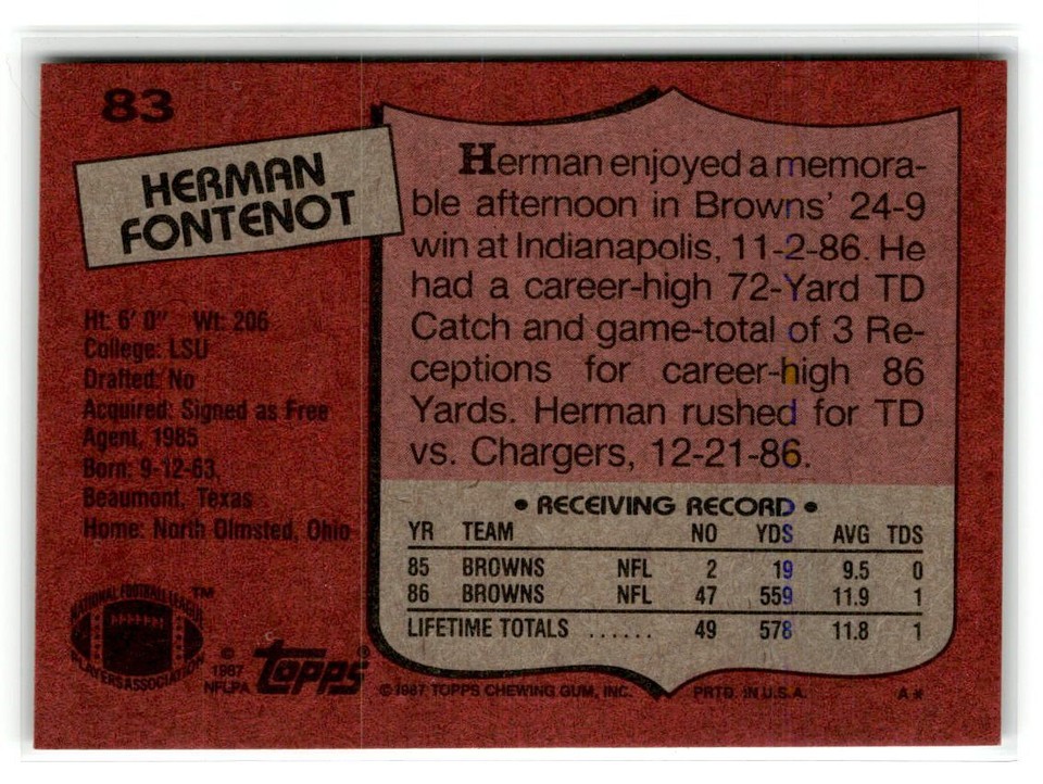 1987 Topps Football #83 Herman Fontenot Rookie Cleveland Browns | eBay