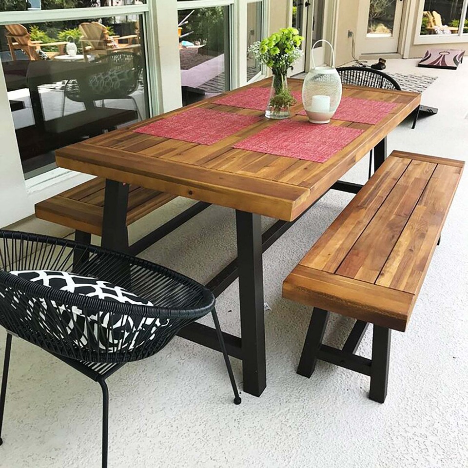 Outdoor Bench Table Set of 3 Wooden Dining Table Rectangular Patio ...
