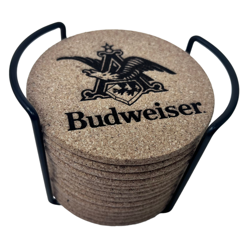 16 pieces coasters set Budweiser beer logo cork and metal holder | eBay
