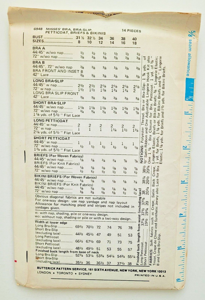 VTG 70s Butterick Pattern 6948 Misses Bra, Slip, Petticoat, Briefs ...