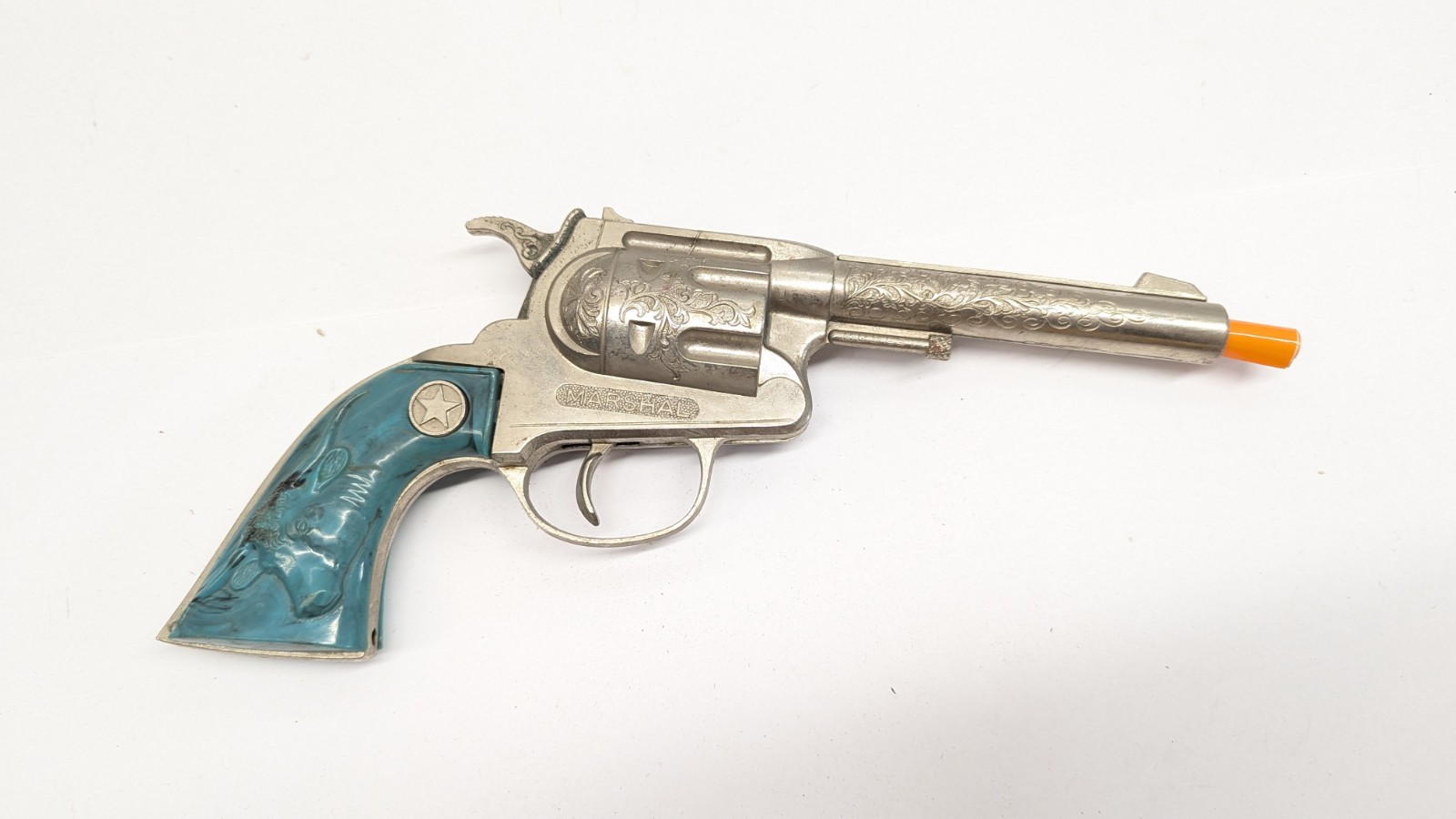 Vintage Marshall Toy Cap Gun Revolver Pistol Blue Turquoise Steer Grip ...