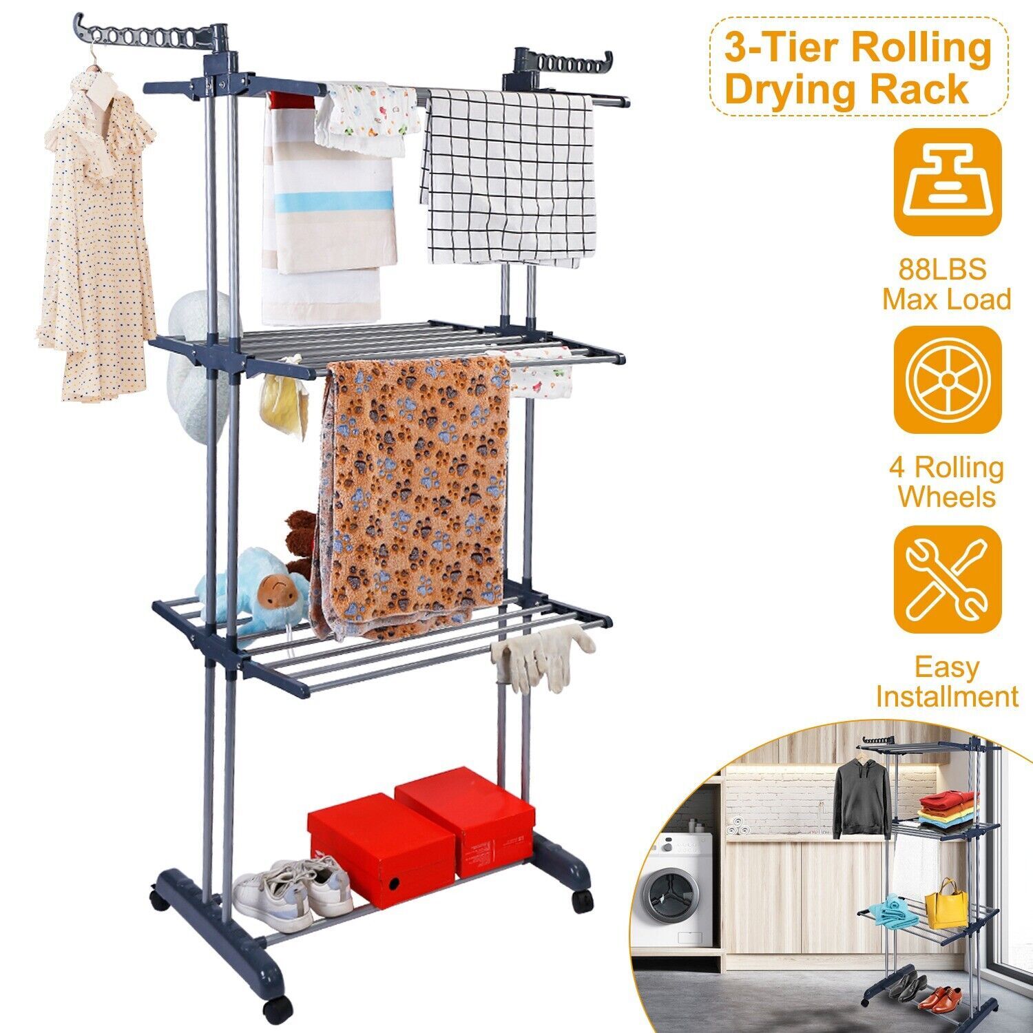 Clothes Drying Rack 3 Tier Laundry Rolling Dryer Hanger Stand Folding ...