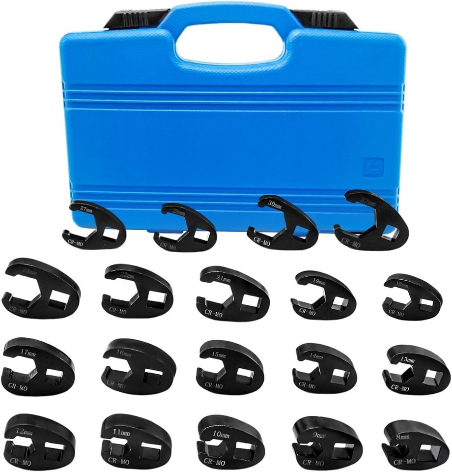 19PCS Flare Nut Crowfoot Wrench Set Metric Crows Foot Wrench Kit 3/8" 1 ...