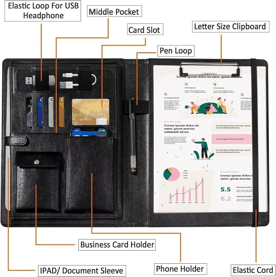 Leather Padfolio Business Portfolio Notebook Binder Office Organizer ...