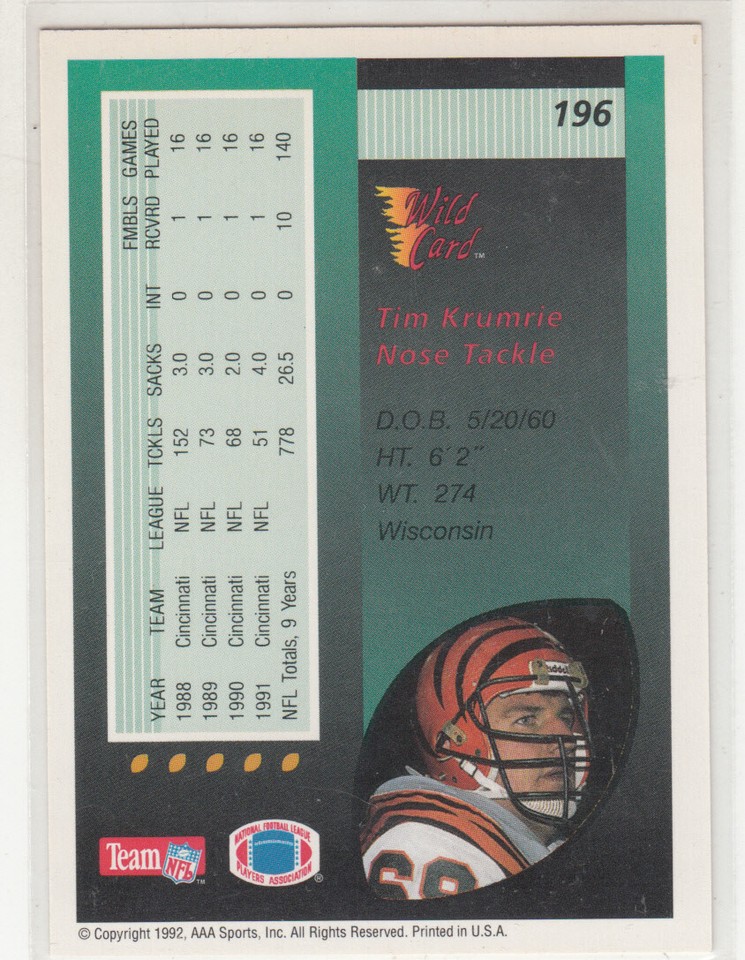 TIM KRUMRIE 1992 Wild Card NFL #196 Parallel 20 Stripe Cincinnati ...