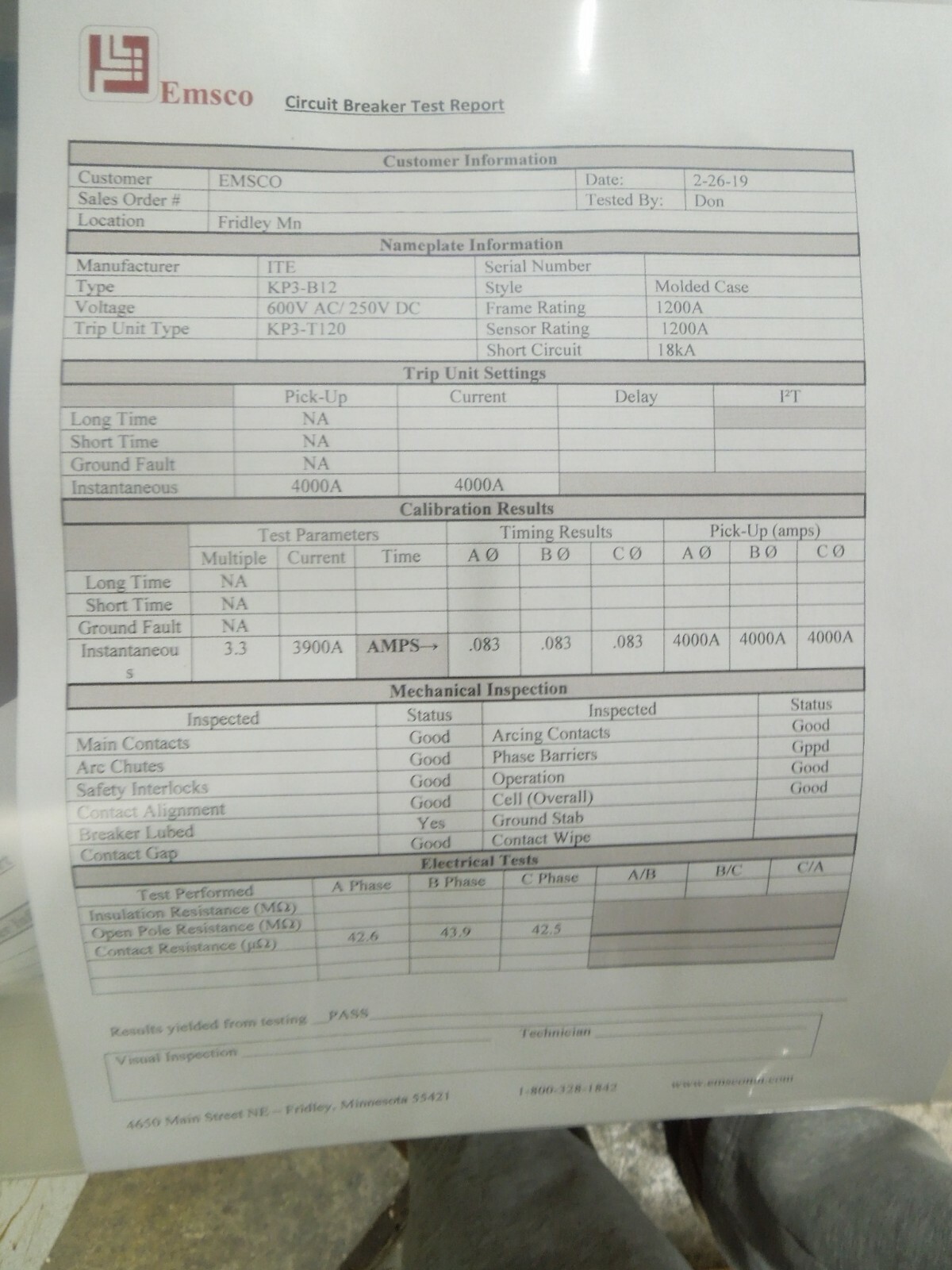 ITE KP3-B120 1200A 3P 600V 250VDC Breaker (no lugs) w/ Test Report for ...