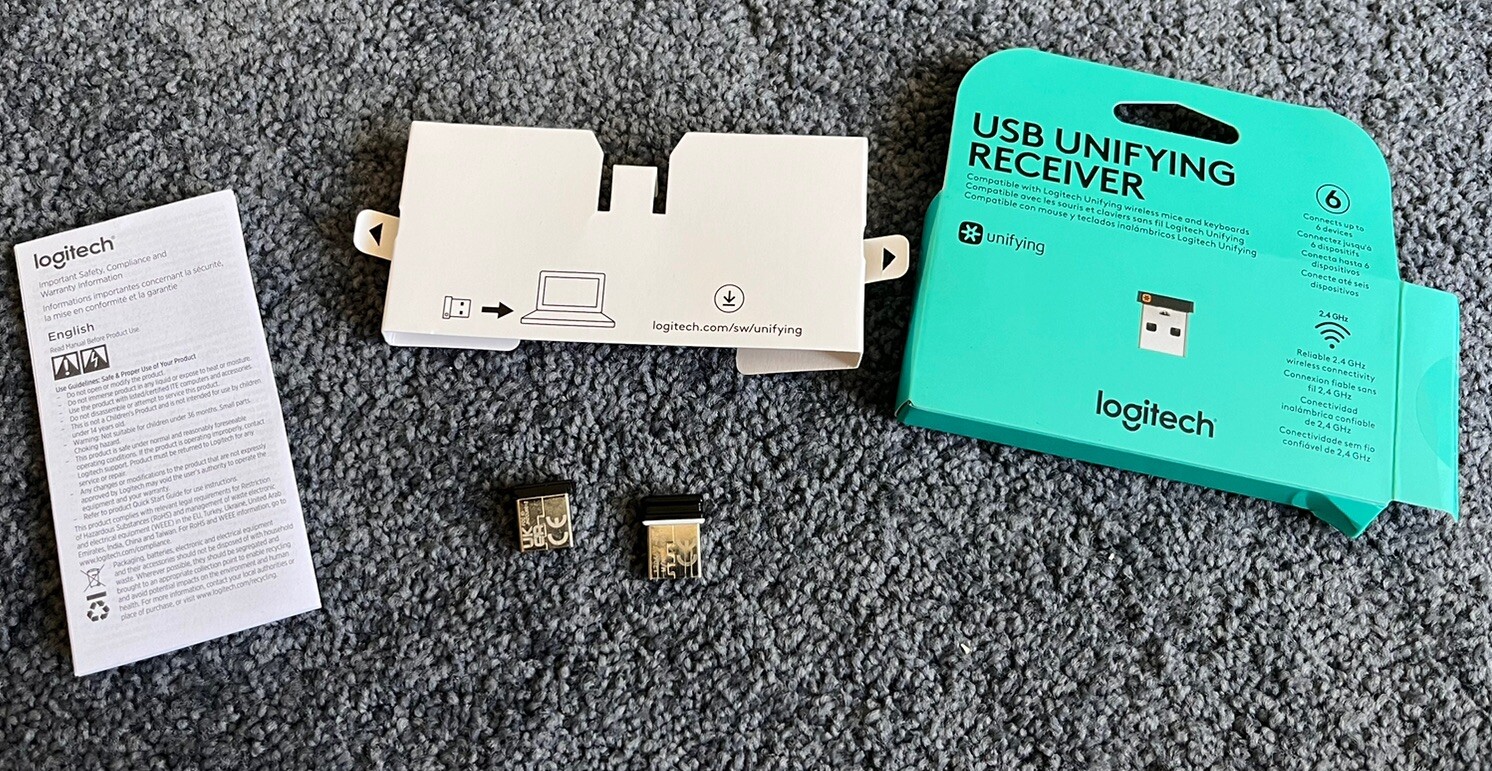 2 LOGITECH USB UNIFYING RECEIVERS - 1 open box (new) + 1 backup (used ...