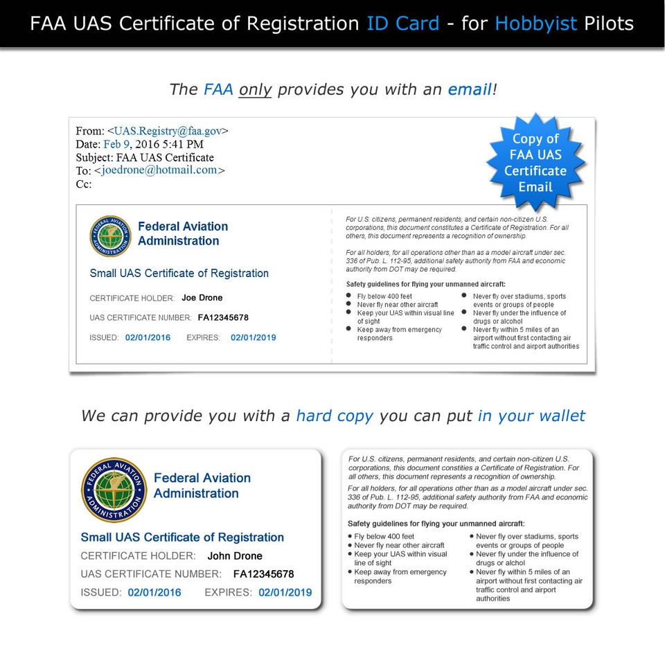 Drone FAA UAS Certificate of Registration ID Card + Label set ...