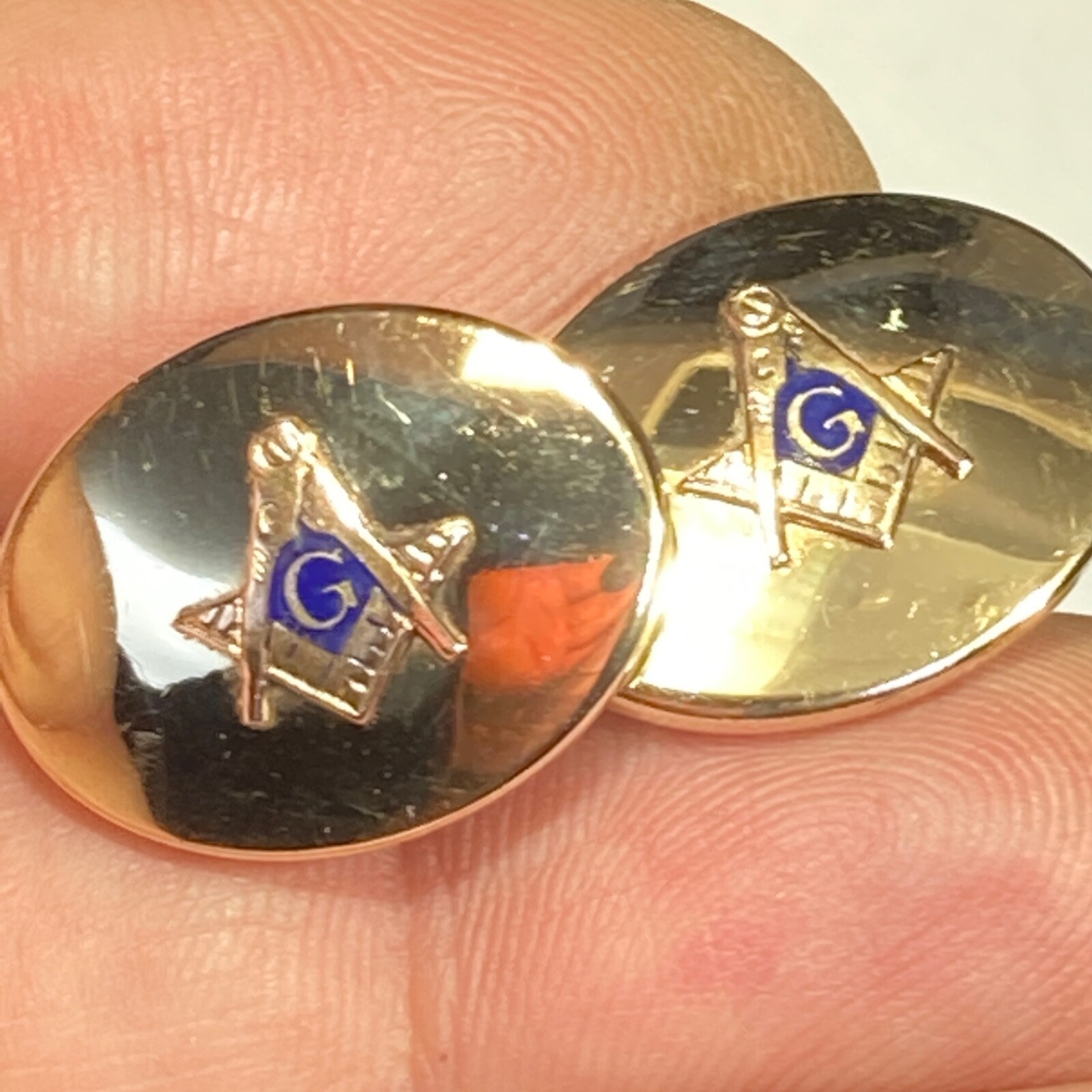 Lamode Masonic G Oval Cufflinks Vintage Yellow Gold Filled Blue Toggle ...