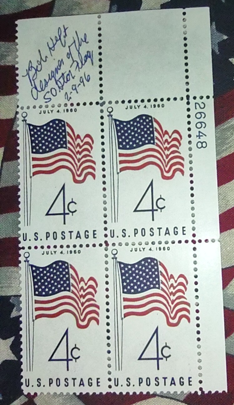 BOB (ROBERT) HEFT SIGNED 50 STAR FLAG PLATE BLOCK. DESIGNER OF THE 50 ...
