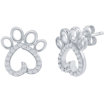 Classic Women's Earrings Silver Paw Print White CZ Stud Post Back ...