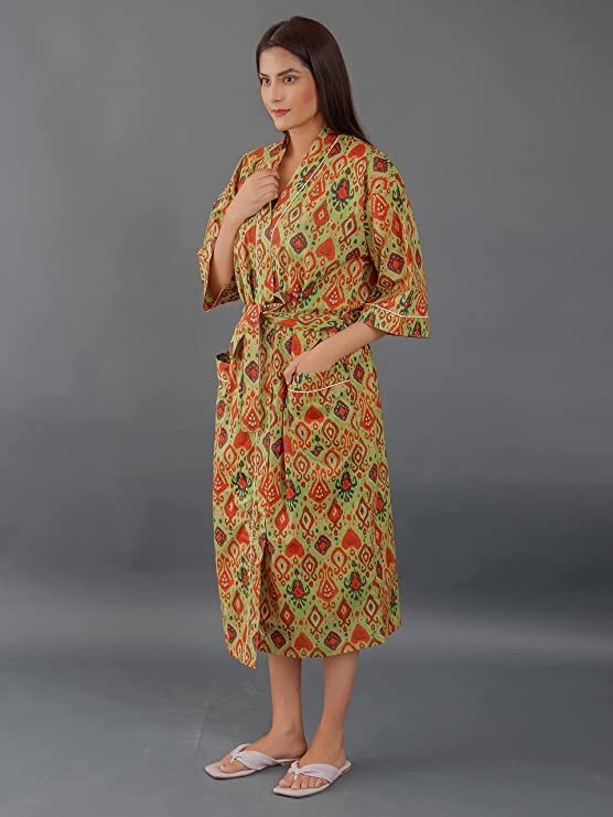 Indian Green Ikat Kimono Robes Cotton Long Bath Robes Women's Maxi ...