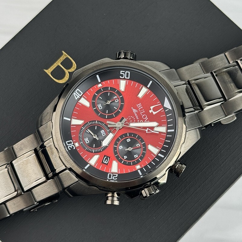 Bulova Marine Star 98B350 Chronograph Men's Quartz Watch Red Dial 43mm ...