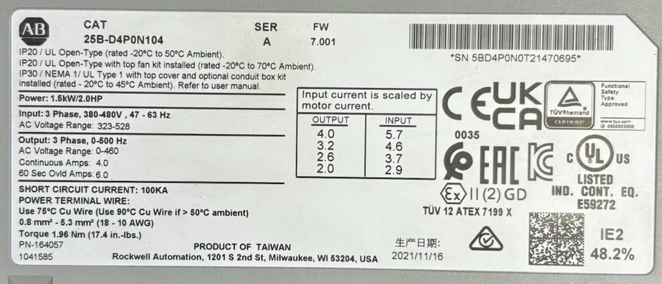 Allen-Bradley PowerFlex 525 AC Drive, model 25B-D4P0N104 | eBay