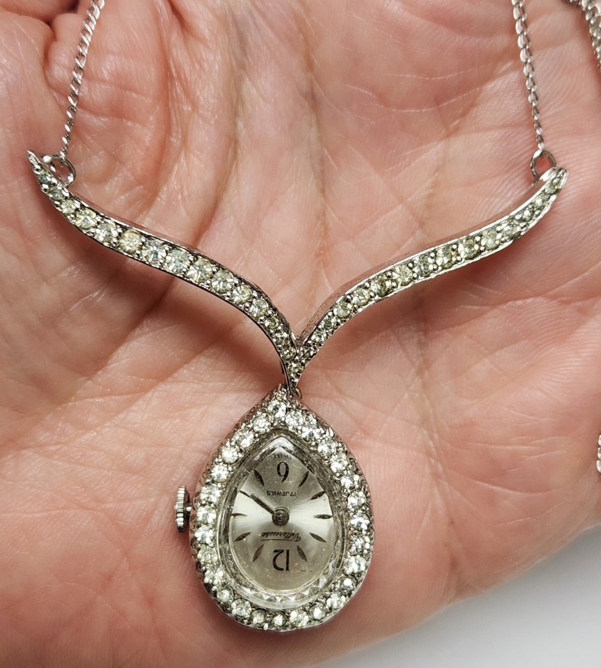 Villereuse Watch Rhinestone 17 Jewel Swiss Made Pendant Necklace ...