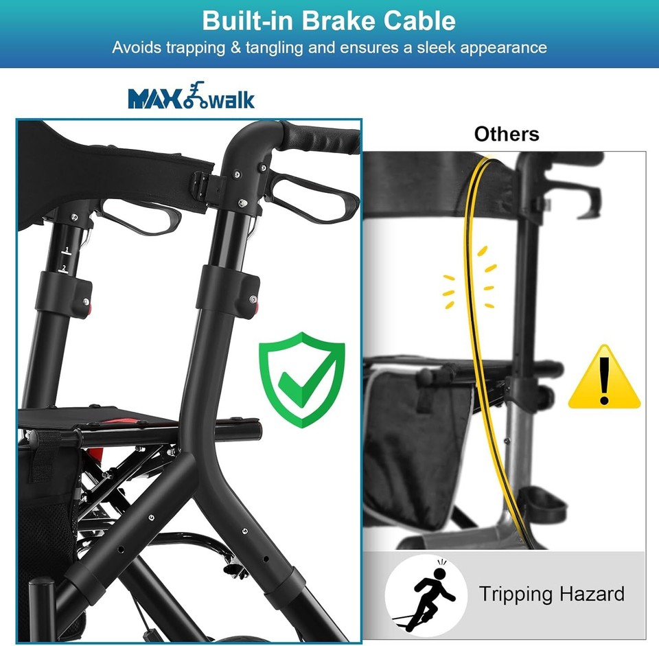 MAXWALK Rollator Walker w/Seat Adjustab, 12" Rubber Wheels All Terrain ...