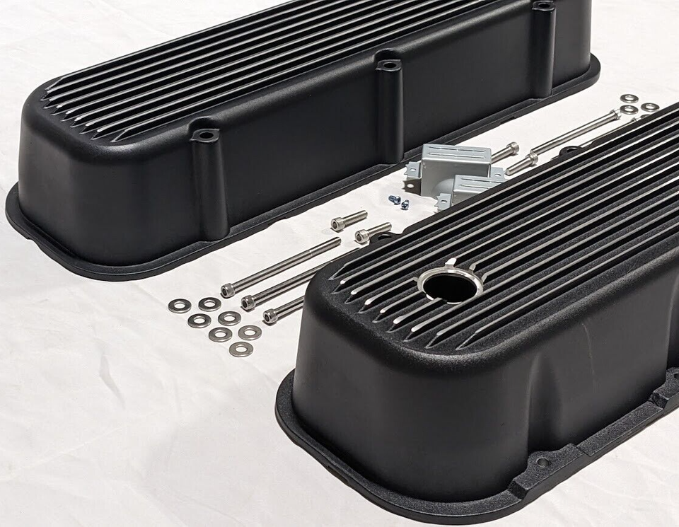 65-95 Chevy BBC 396 427 454 502 Finned Black Valve Covers + Breather ...