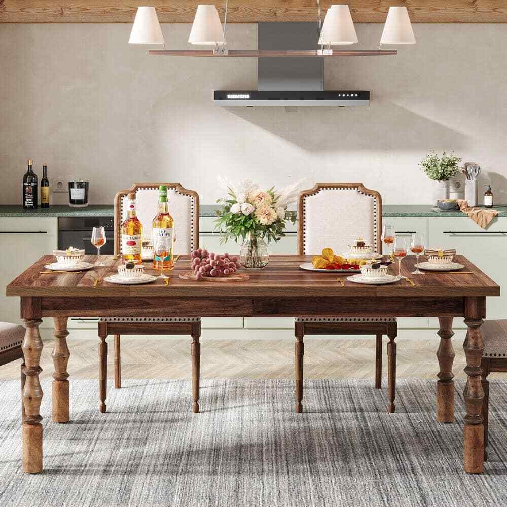 Walnut Rectangle Wood 62 in 4-Legs Carved Turned Breakfast Dining Table ...