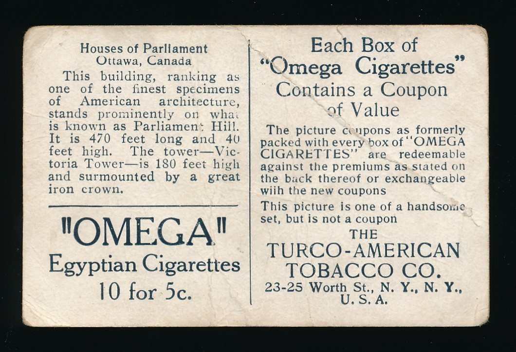 1910 T120 Omega Cigarettes WORLD VIEWS -Houses of Paliament (Ottawa ...