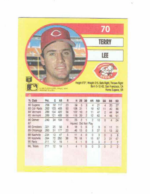 Terry Lee Reds 1B #70 Fleer 1991 Baseball Card | eBay