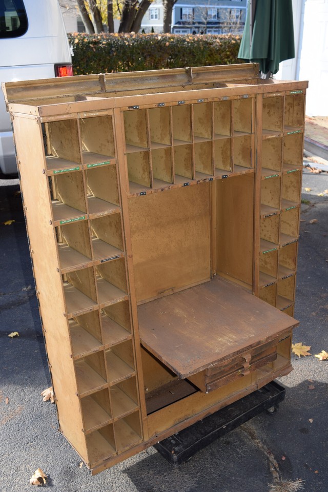 Antique Metal Post Office Counter Window w Brass Mail Boxes CT PICK UP ...