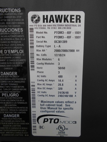 HAWKER PTOM3 48F 180Y 24/36/48 VDC 480 VAC PTO MOD3 INDUSTRIAL BATTERY ...