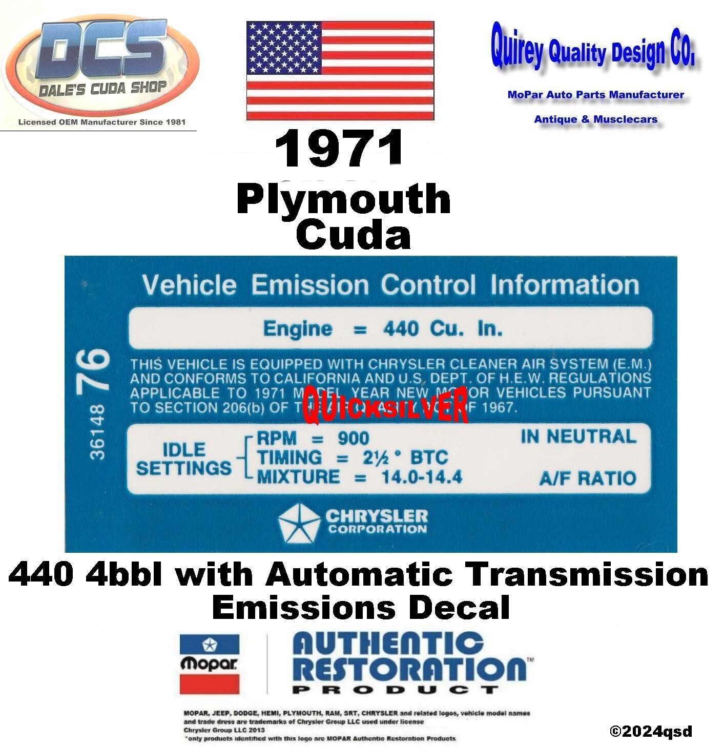 1971 Plymouth Cuda 440 4bbl Auto Transmission Emissions Decal 3614876 ...