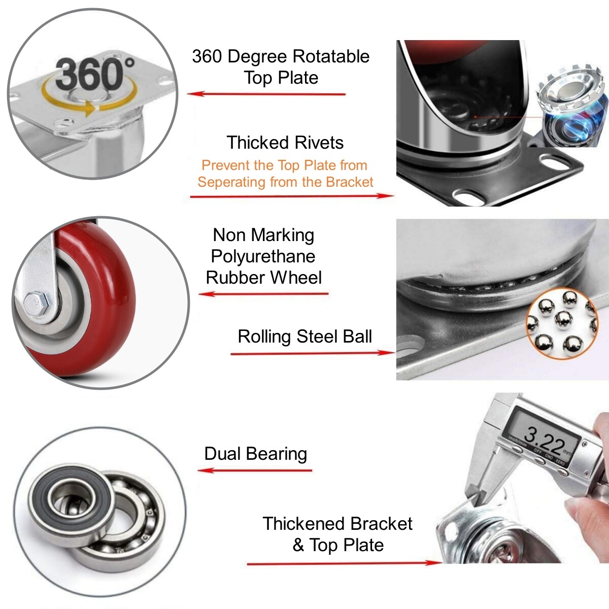 4 X Heavy Duty 75mm 100mm 125mm Swivel Castor Wheels Furniture Trolley ...