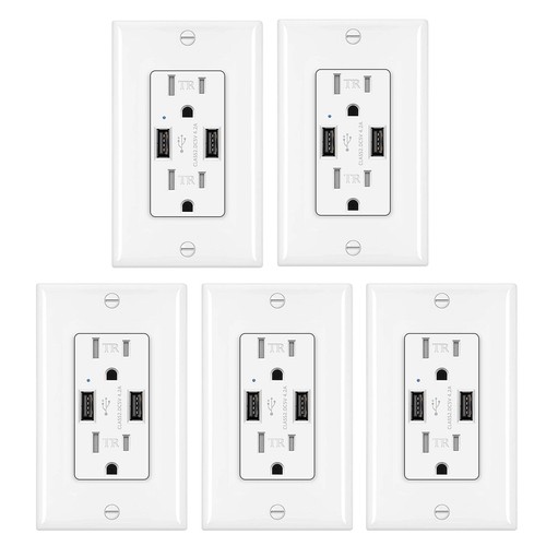 5 Pack 4.2A Wall Outlet Receptacle with Dual USB Charging Ports Tamper ...