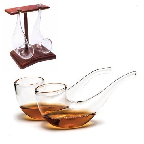 Set of 2 BRANDY Sipping Glasses With WOODEN STAND Pipe Whisky Port ...